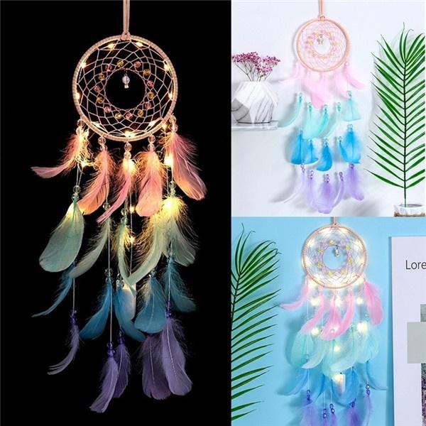Buy LED Light Dream Catcher with Colorful Feathers Wall Hanging ...