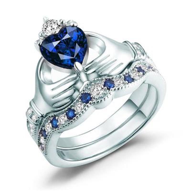 Kadın Moda Takı Kalp Mavi Rhinestone Claddagh Düğün Nişan Kalp Yüzük ...