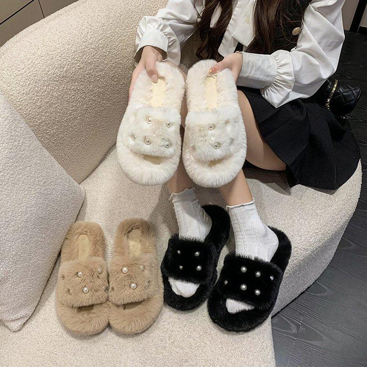 Kaufe Hairy Slippers Women's Autumn Winter New Pearl Word Home Korean ...