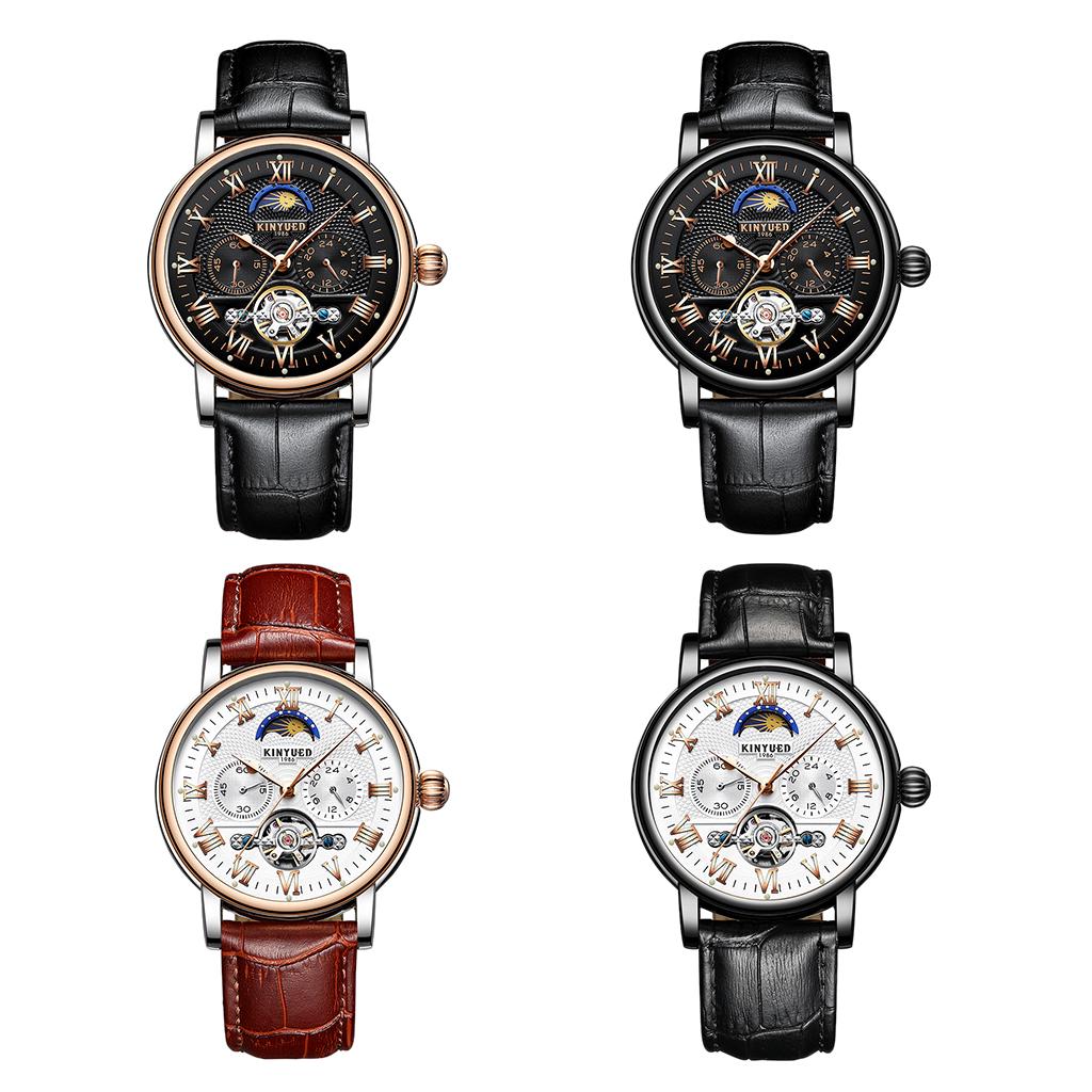 Buy KINYUED Skeleton Moon Phase Auto Mechanical Leather Watch White ...