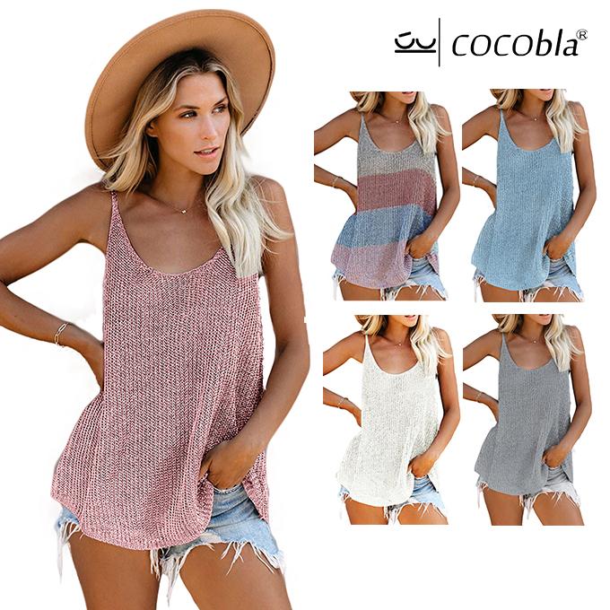 Summer Lightweight Multi-color Stripes Knitted Sling Tops for Woman ...