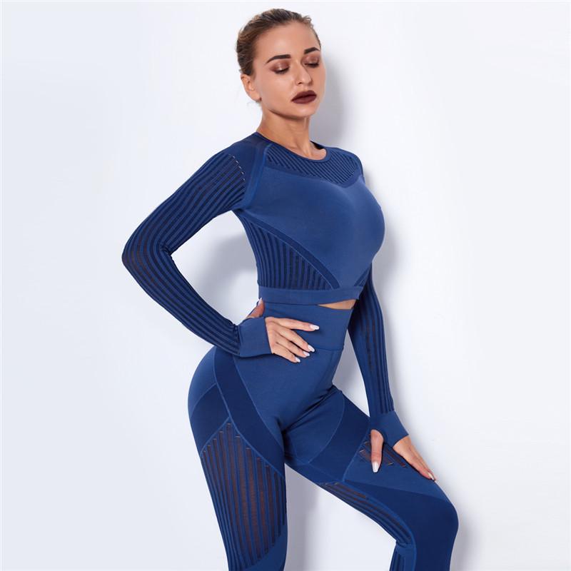 Buy 2 Pcs Yoga Sets Seamless Suits Sexy Hollow Mesh Breathable Women ...