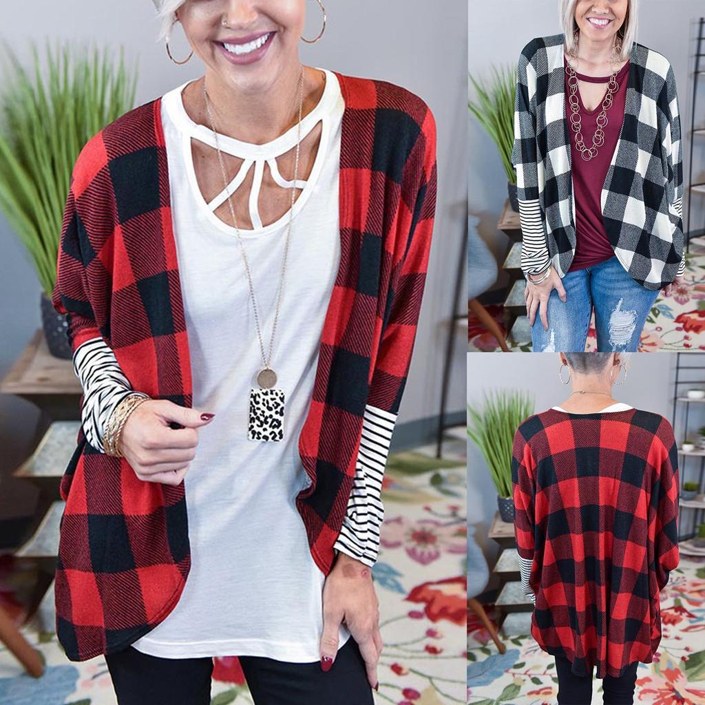 Buy Women's Plaid Striped Patchwork Cardigans Open Front Long Sleeve ...