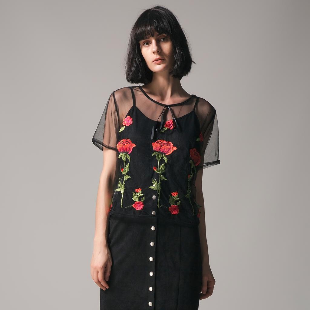 Buy Women Mesh Net Embroidered T-Shirt Transparent Tee Shirt Tops Slim ...