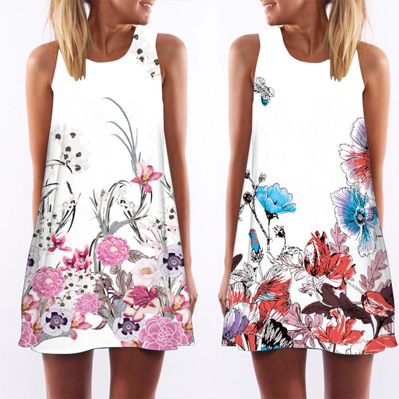 Buy Women Summer Tank Dress Floral Print O-neck Sleeveless Casual Loose ...