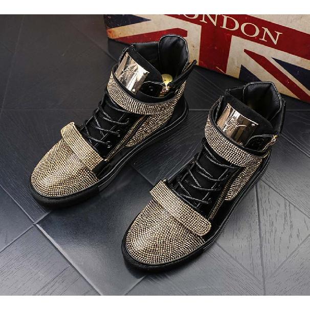 Buy New Men High-Tops Luxury Rhinestone Double Zippers Casual Flats ...