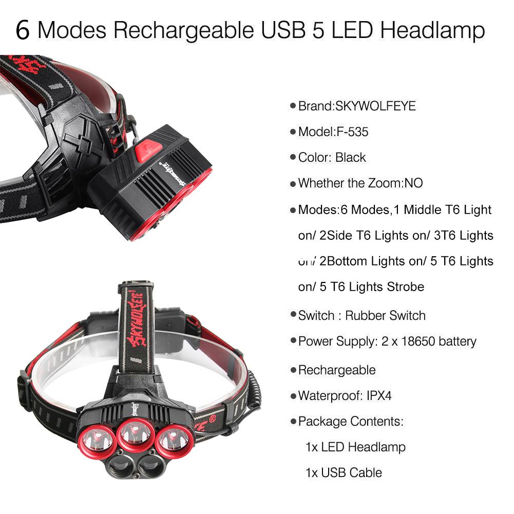 Buy Cool Red 80000 Lumens 5 LED Headlight 18650 Battery Flashlight for ...