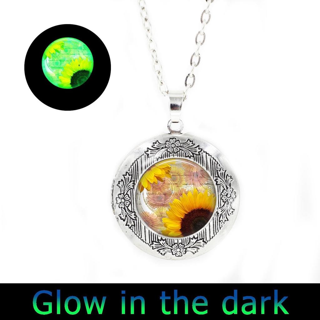 Silver Brass Black Necklace Botanical Glowing Locket Jewelry, Flower ...