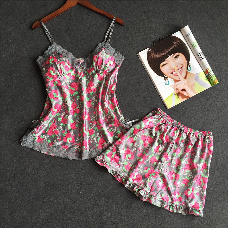 Buy Floral Print Satin Pajama Set V Neck Spaghetti Strap Sleeveless ...