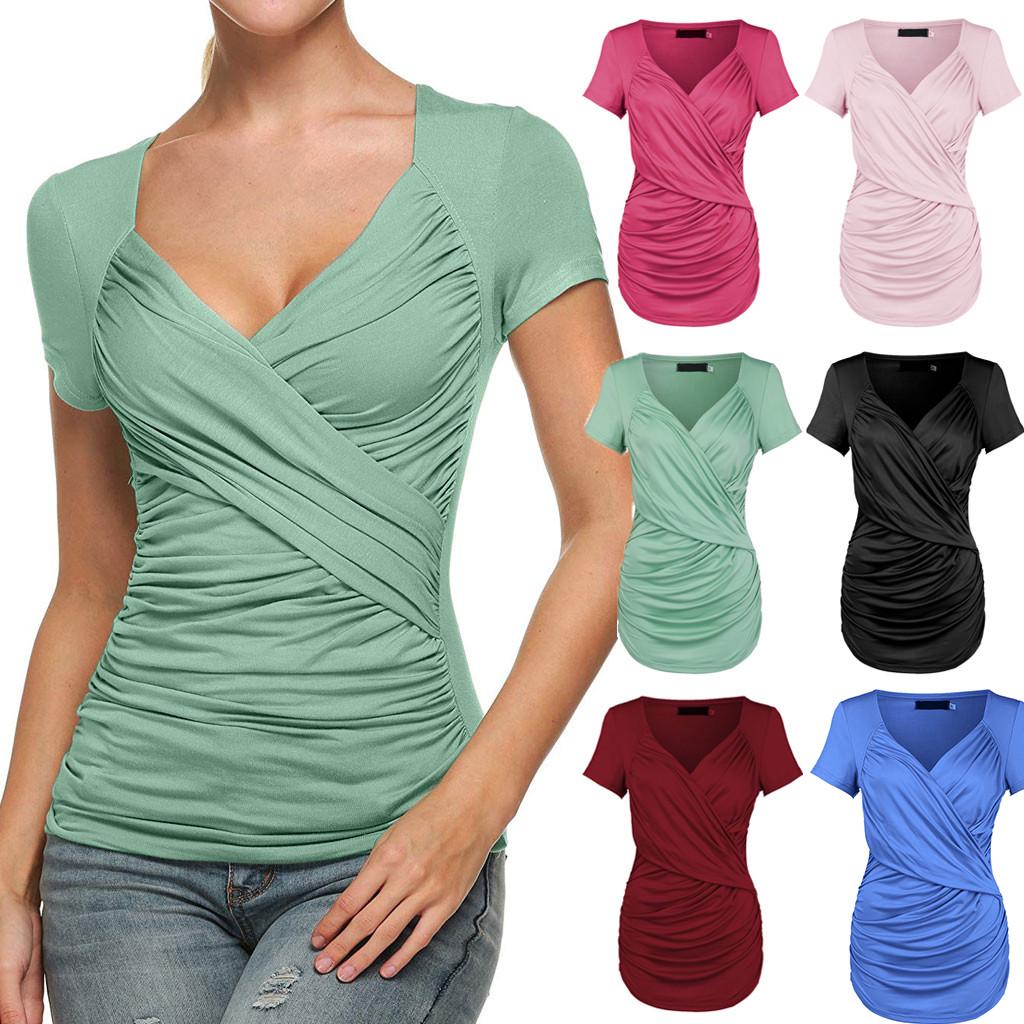 Buy Lbird Fashion Women Solid V-Neck Short Sleeve Cross Overlap Fold ...