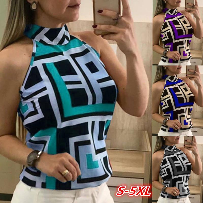 Buy Plus Size Women Sleeveless Plaid Print High Collar Tank Backless ...
