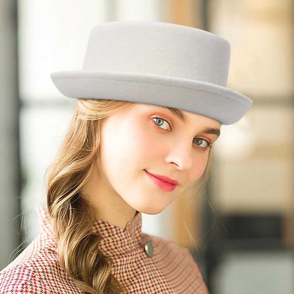 Buy Wool Boater Flat Top Hat for Women Winter Felt Hat Curly Brim ...