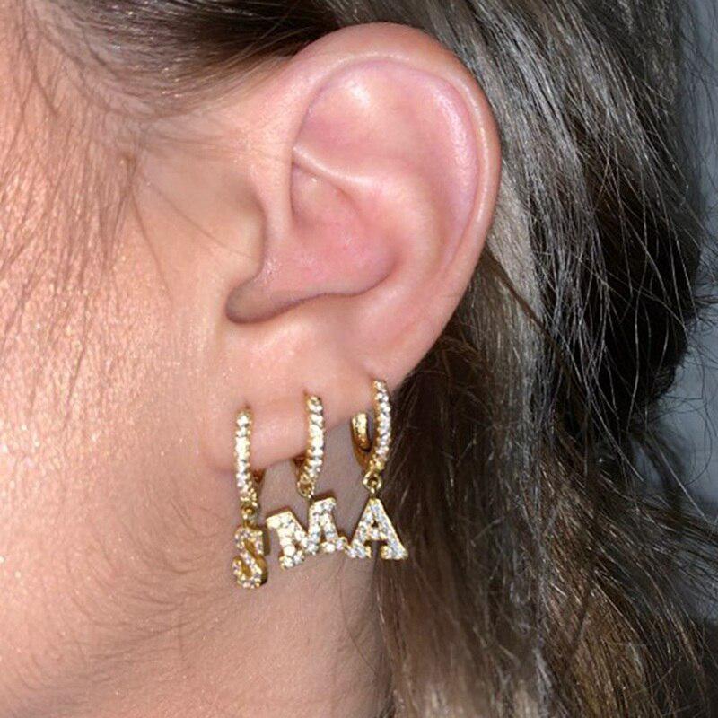 1PCSA-Z English Letters Zircon Ear Piercing Hoop Earring Silver Plated ...
