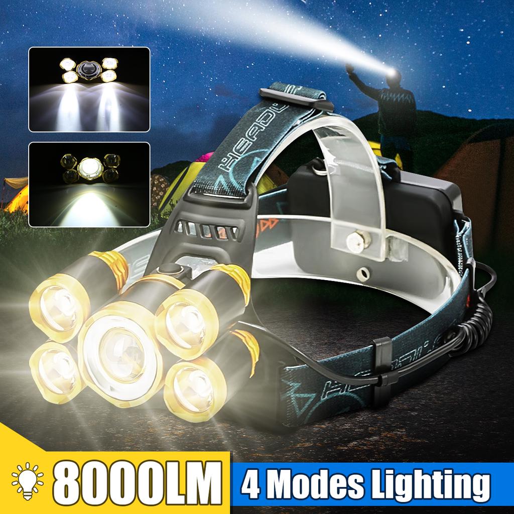 Buy 8000LM Super Bright 5 LED Zoomable 4 Modes Headlamp Waterproof Head ...