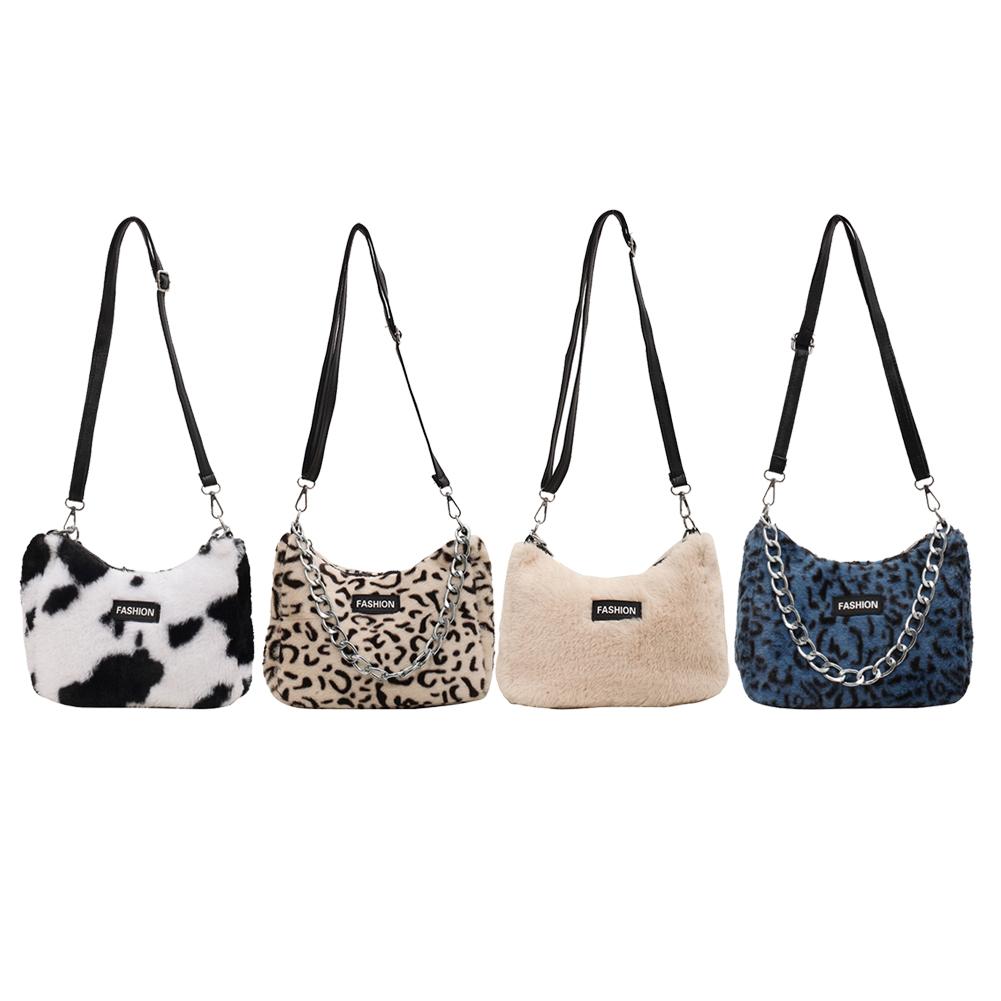 Buy Women Leopard Print Shoulder Bag Winter Casual Chain Plush ...