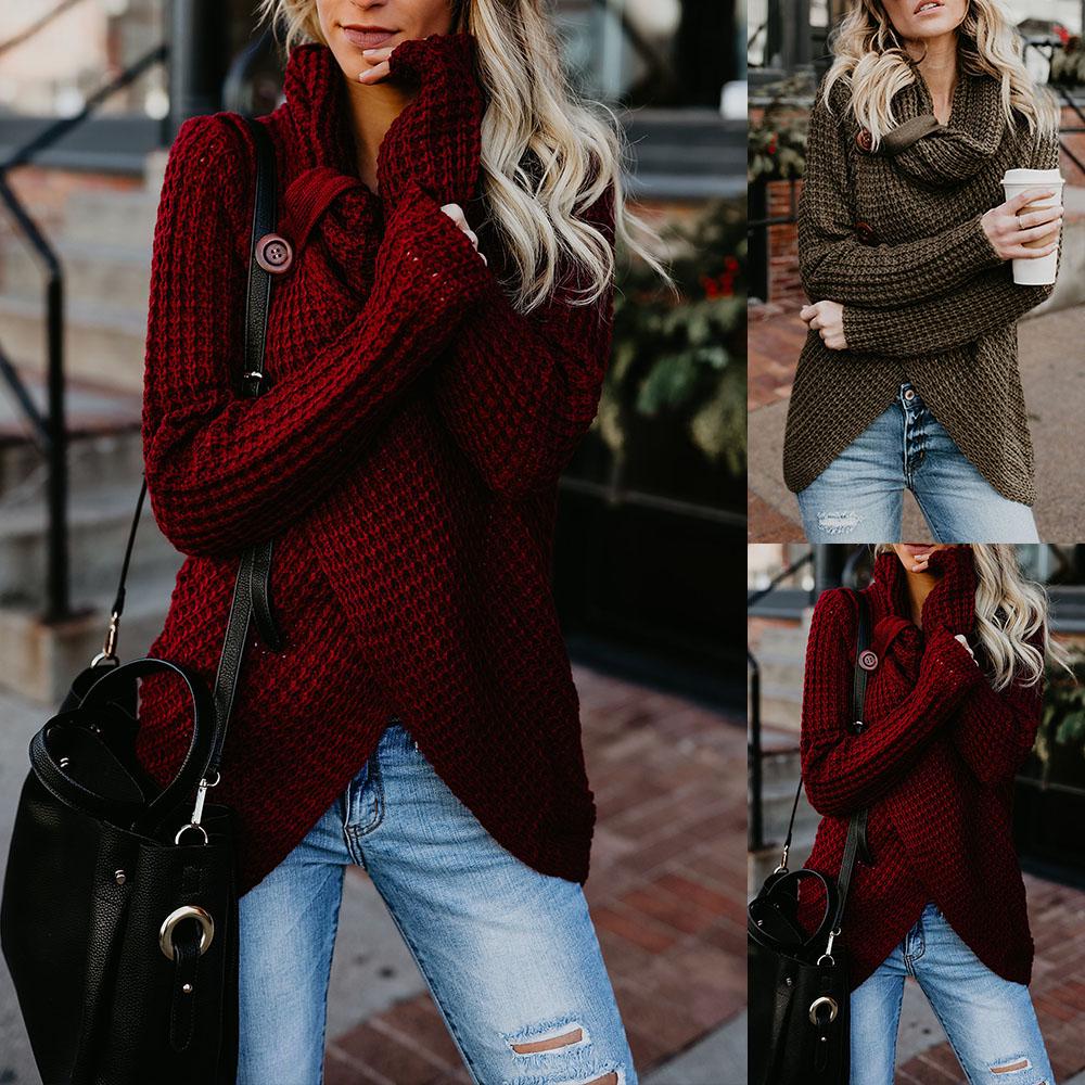 Buy Women Casual Loose Knit Irregular Sweater High Collar Pullover at ...