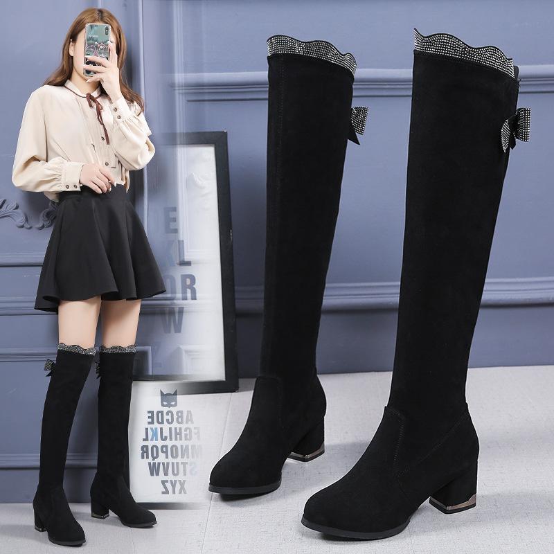 Buy Women's Autumn and Winter Long Boots High Heel Elastic Chunky Heel ...