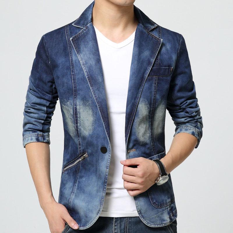 Buy Men Retro Denim Blazer Notched Lapel Bleached Jean Jacket Zippered ...