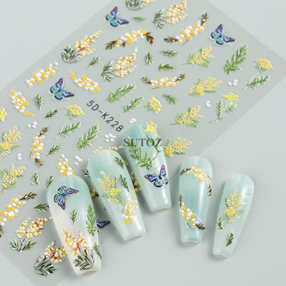 5D Flowers Nail Stickers Mimosa Design Spring Floral Leaf Self-adhesive ...