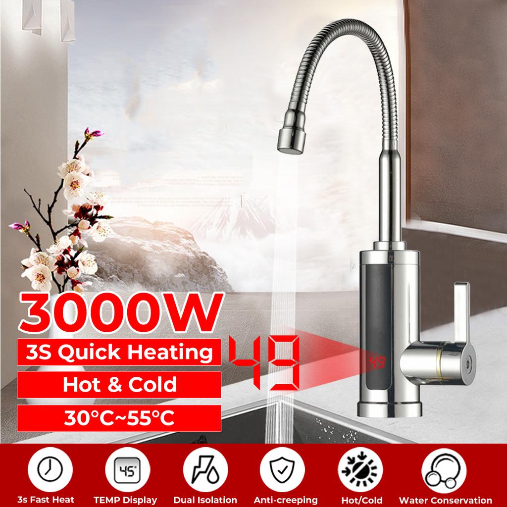 3000W Electric Instant Heater Faucet Tap LED Digital Display Hot Water Kitchen Faucet Tankless ...