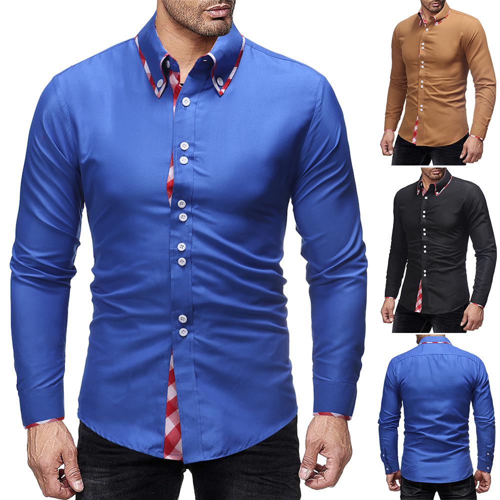 Buy New Men's Fashion Double Collar Plaid Stitching Casual Slim Long ...