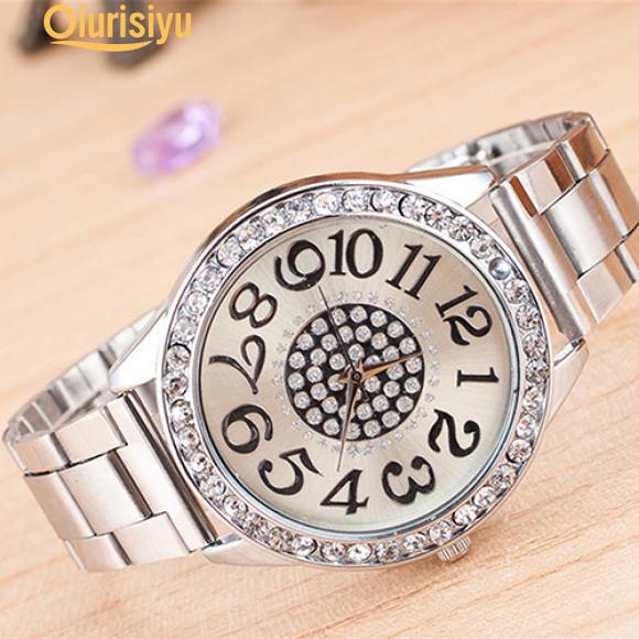 Buy Women Big Numbers Round Dial Rhinestone Inlaid Alloy Quartz Wrist ...