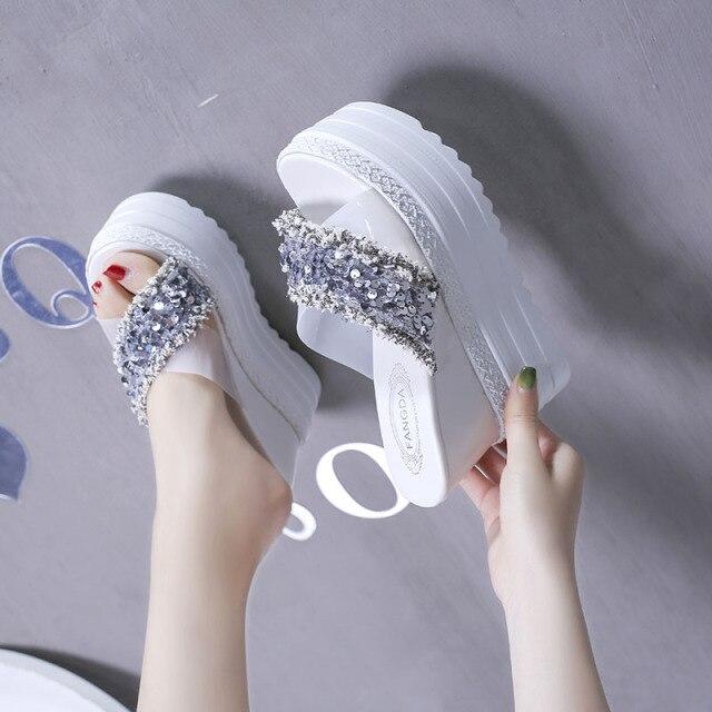 Buy New Summer Rhinestone Wedges Heel Women Slippers Platform Sequins ...
