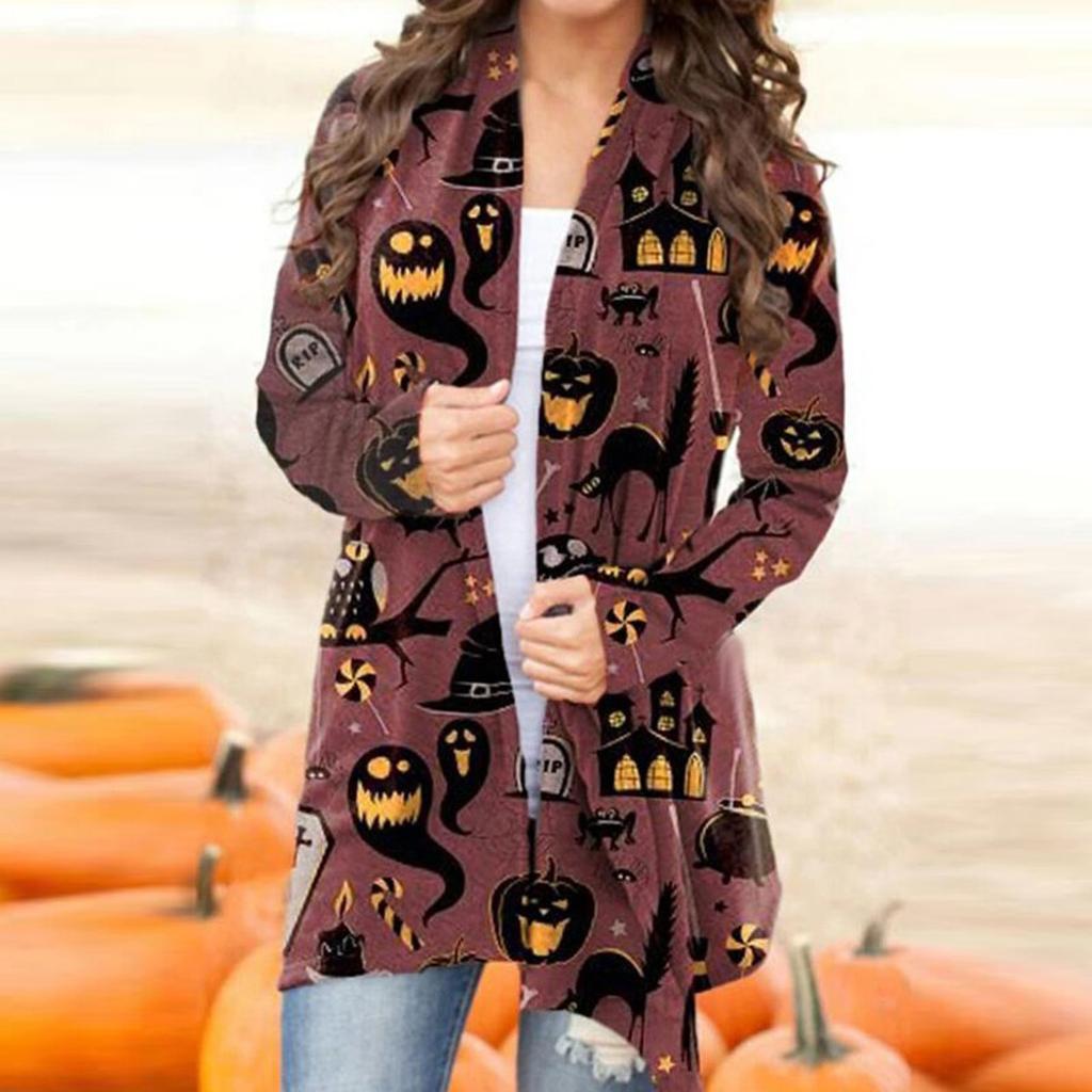 Buy Women's Halloween Long Sleeve Cardigan Cardigan Spooky Pattern Top ...