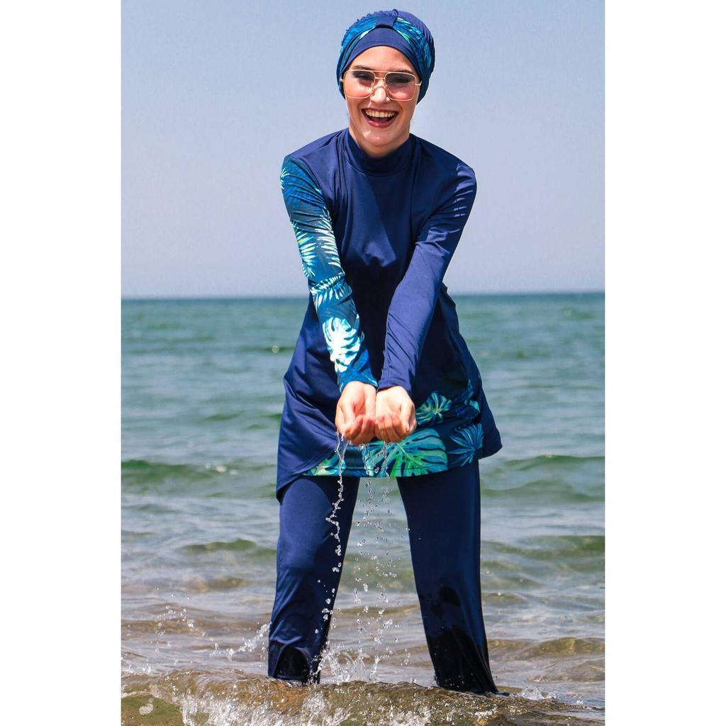 Cheap Modest Muslim Swimwear Burkini Islamic Swimsuit Navy Blue Leaf ...