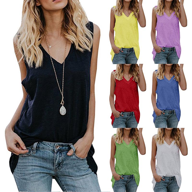 Women Summer Casual Sleeveless Tops Lady V-neck Loose Tee Tank Tops ...