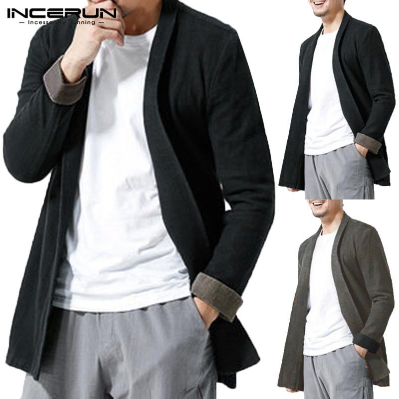 Men's Long Sleeve Solid Color Open Front Coats Casual Linen Cotton ...