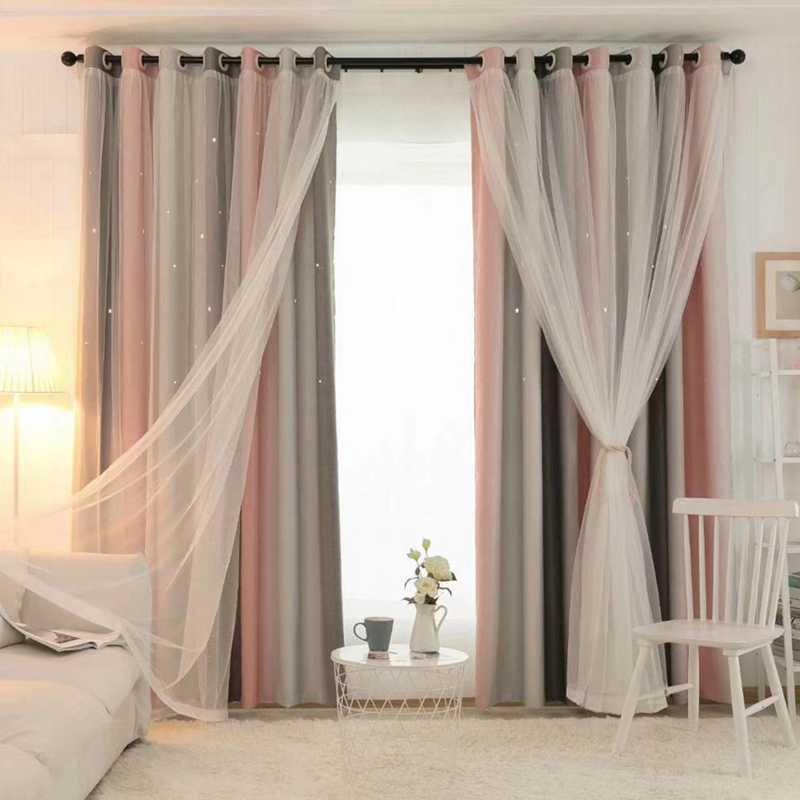 Hollowed Out Stars Blackout Curtain Double-Layer Shading Window Drapes ...