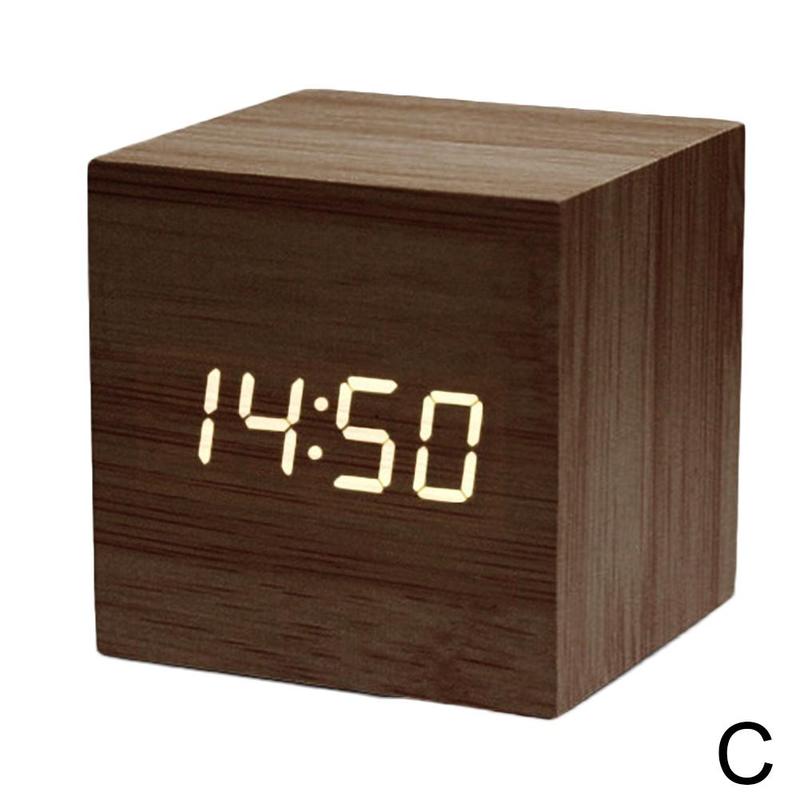 Buy Wood Cube LED Alarm Voice Control Digital Desk Bedside Fast Temper ...