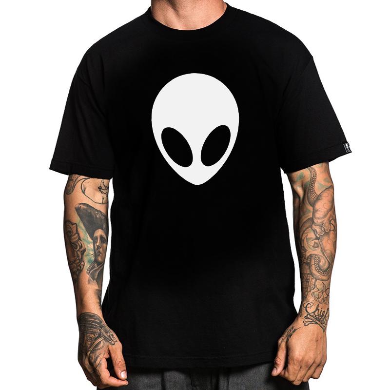 Buy Alien Face Graphic Round Collar Men Short T-Shirt Black Tee Cotton ...