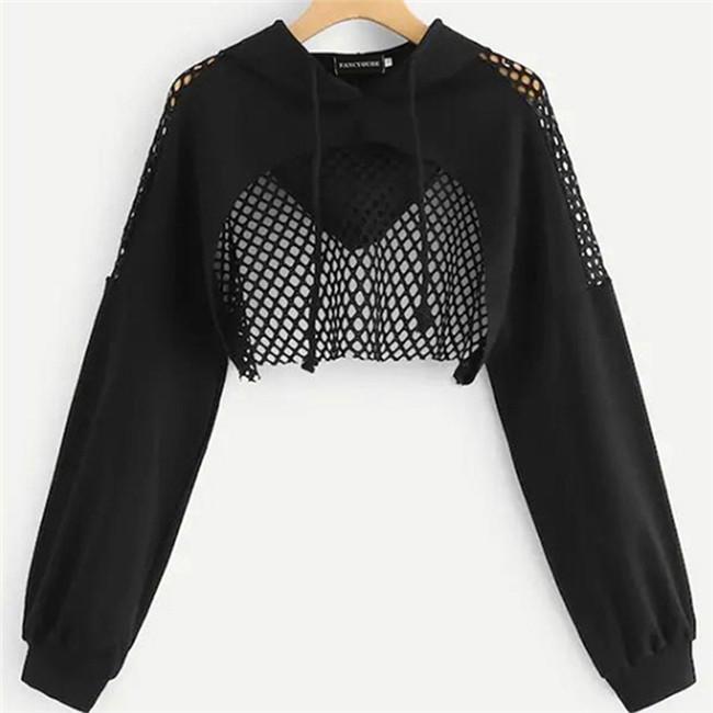 Buy Women Summer Mesh Splicing See Through Crop Hoodie Sweatshirt Sexy ...