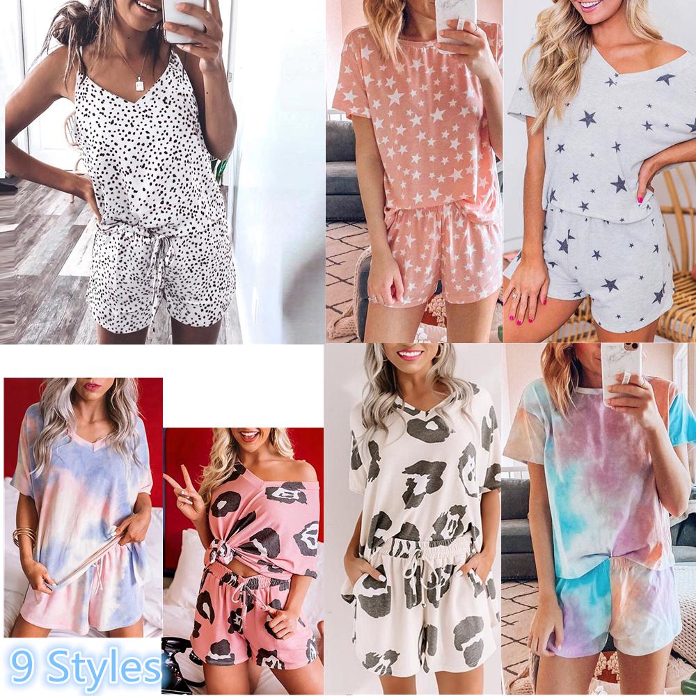 2PCS Women Stars Print Short Sleeve Pajama Set Night Lounge Top Short ...