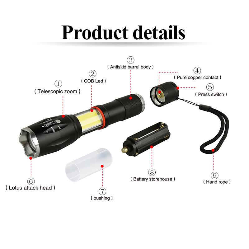 Buy Flashlight T6 COB tactical military LED torch zoomable 5 modes ...