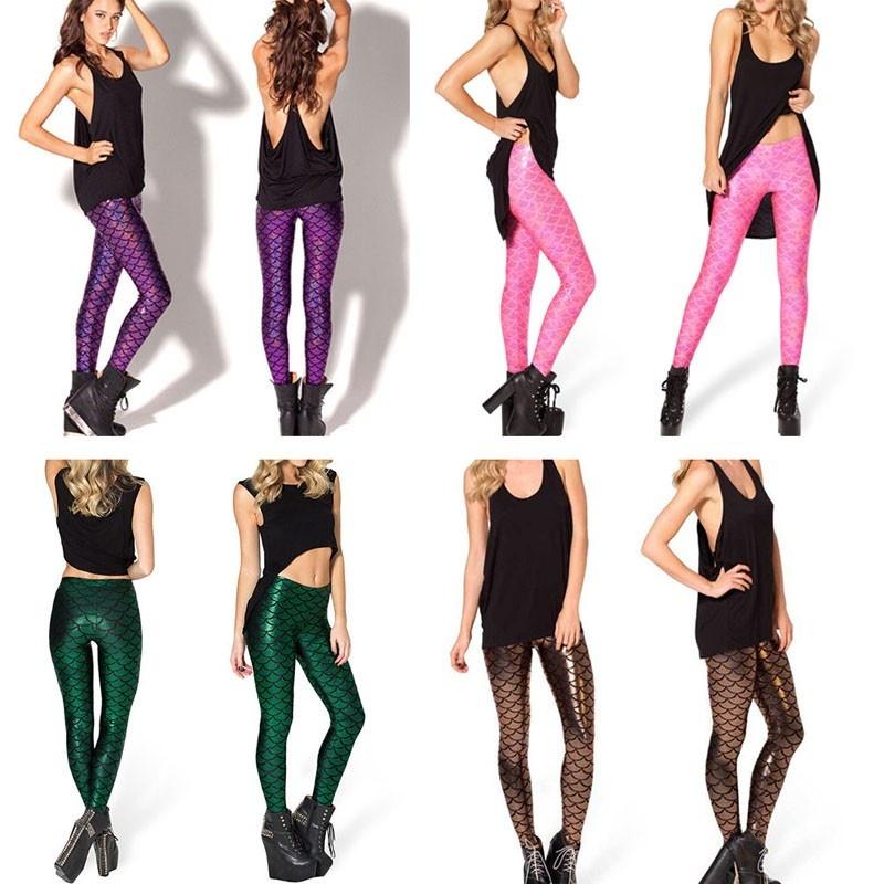 Women Shine Fish Scale Mermaid Printed Leggings Slim High Waist Pencil ...
