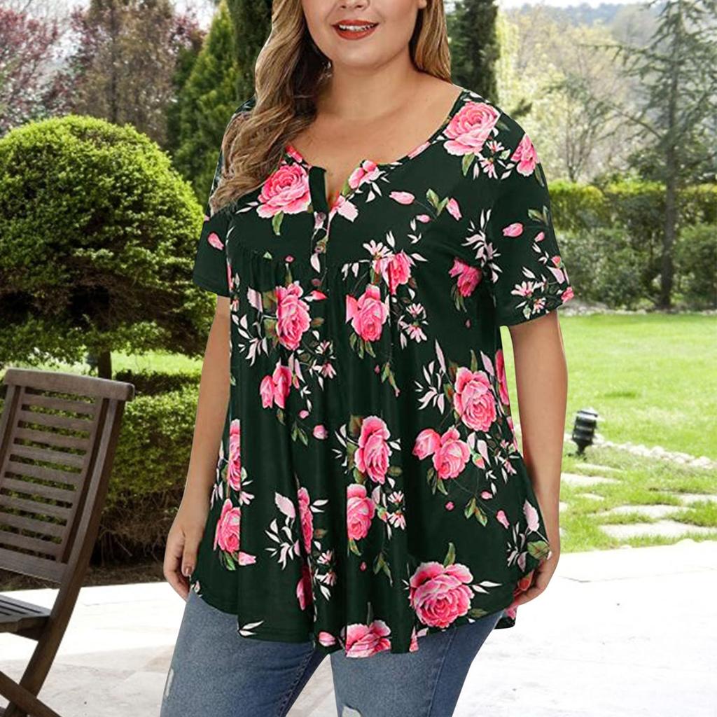 Kaufe Plus Size Blumendruck Tops Frauen Casual Floral Bluse V ...