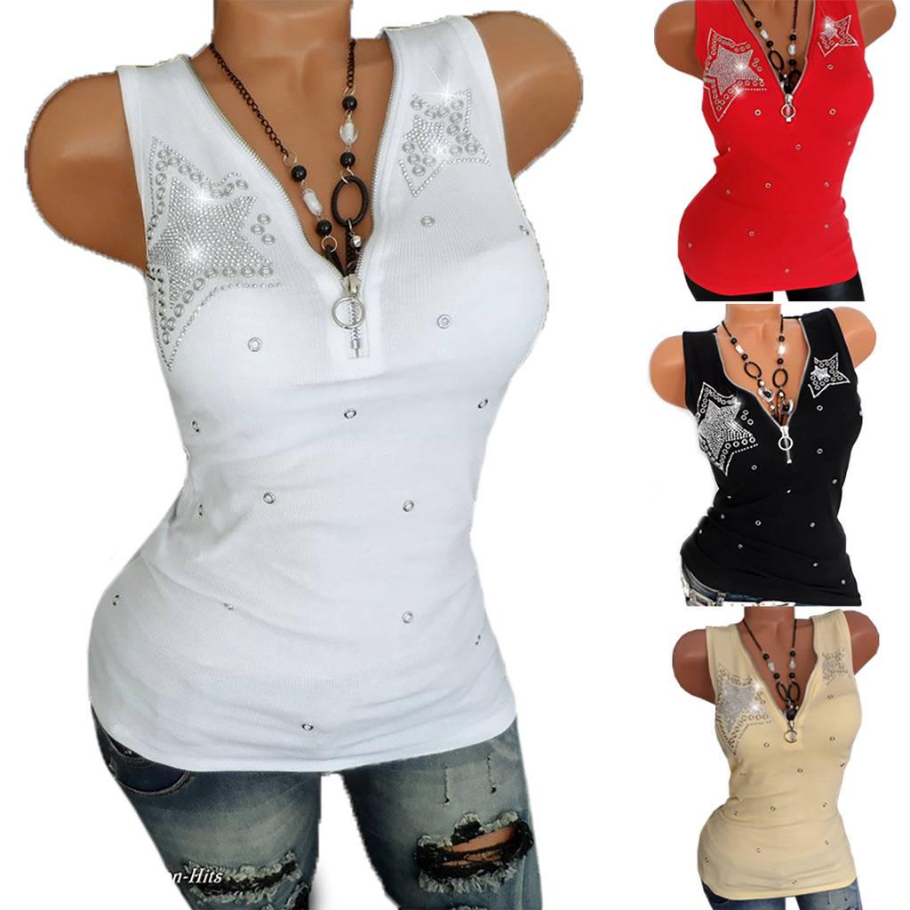 Buy Zipper Tank Tops Womens Sleeveless V Neck Slim Fit Rhinestones ...
