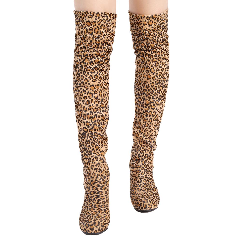 Buy Black Leopard Women Boots Winter Fashion Flat Bottom Shoes Over The ...
