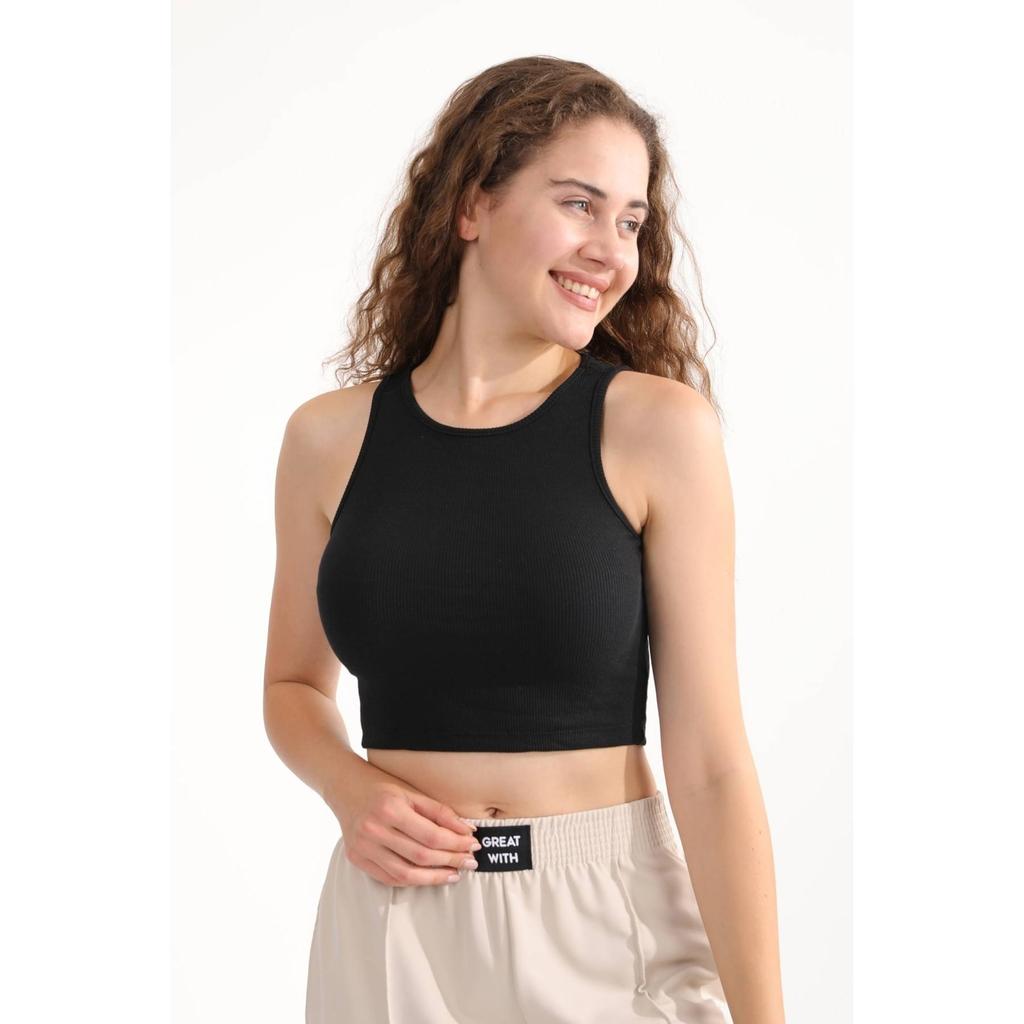 Kaufe Women's Stylish Black Ribbed Strap Super Crop Tank Tops Knitted ...