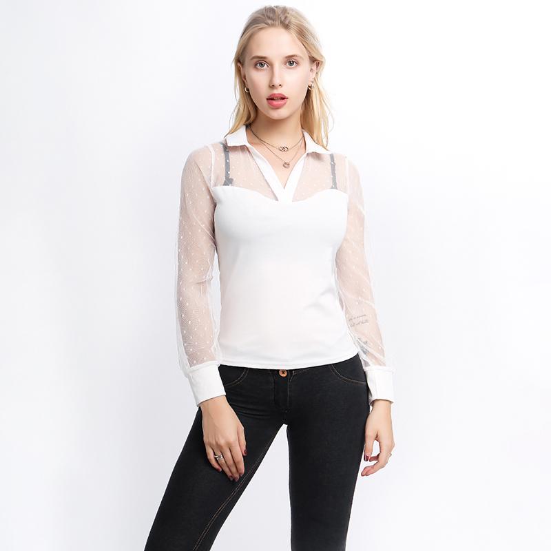 Buy See-through Lace Patchwork Turn-Down Collar Elegant Long Sleeve ...
