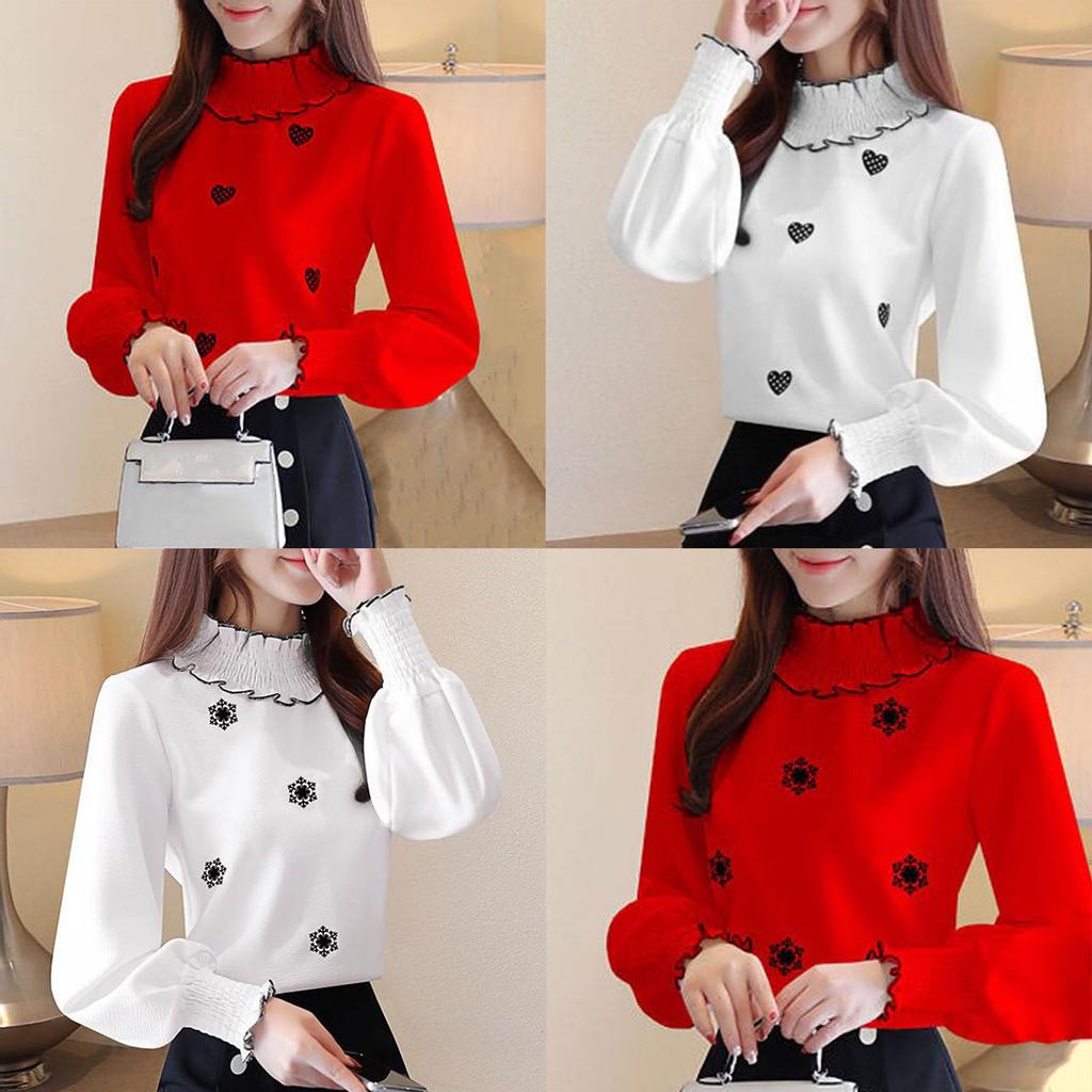 Buy Women Long Neck Blouse Heart Turtle Pattern Autumn Top Pullover at ...