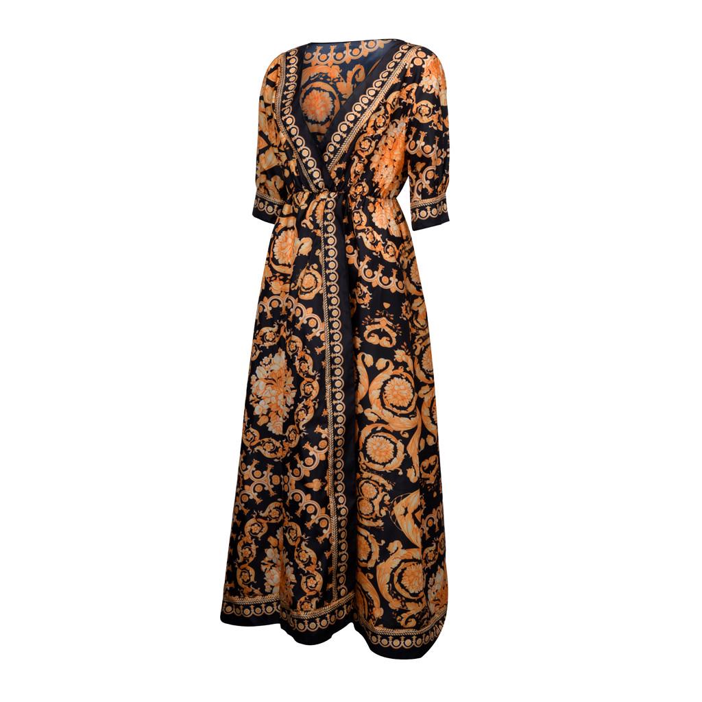 Buy Women Fashion Print Maxi Deep V-Neck Short Sleeve Fork Dress C at ...