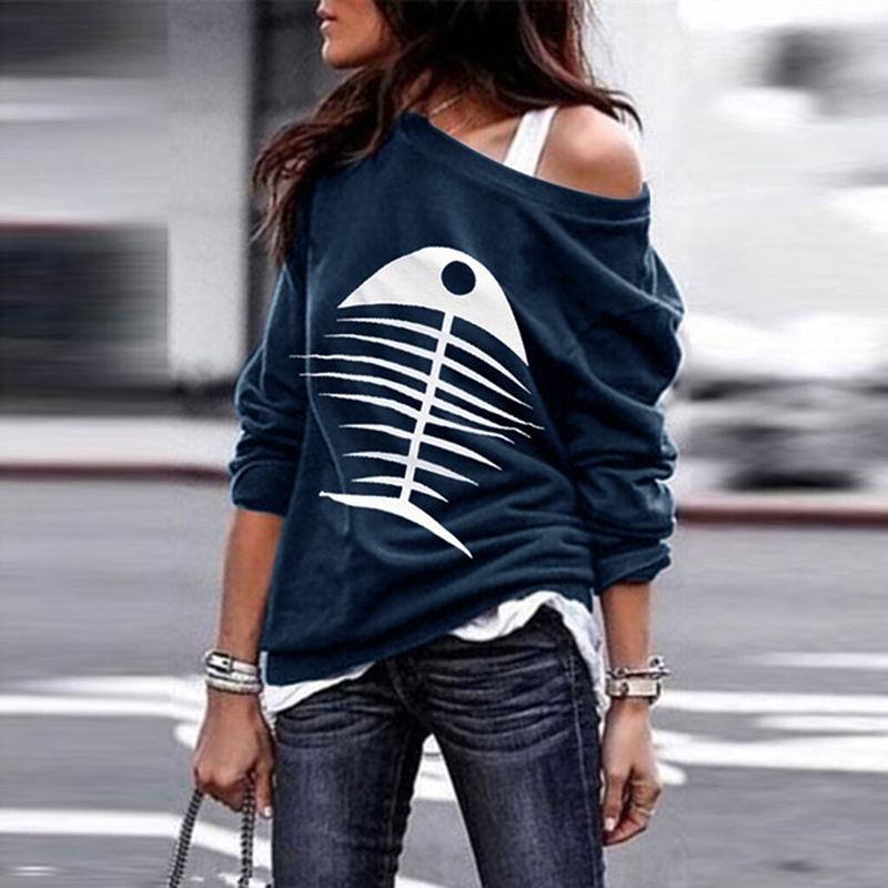Women Fashion Spring Autumn Long Sleeve Off Shoulder Fishbone Print ...
