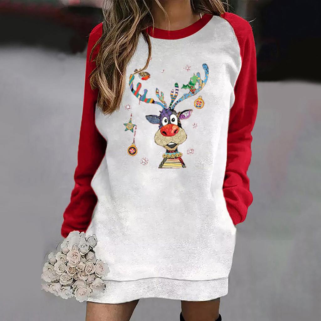 Women's Casual Splicing Pullover Christmas Print Fashion Loose Long Top ...