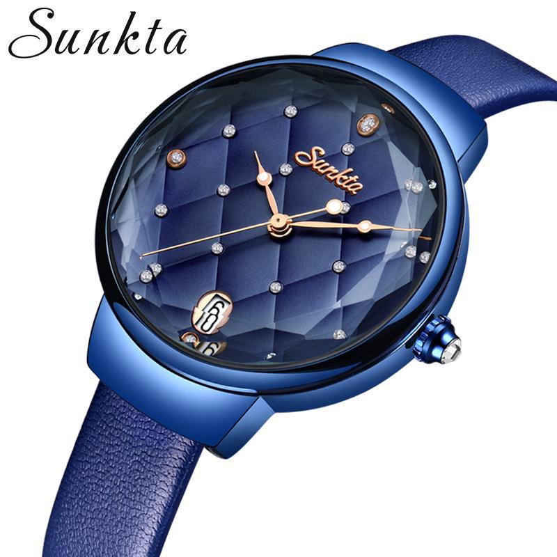 Buy SUNKTA Women Fashion Blue Quartz Watch Lady Leather Watchband High ...