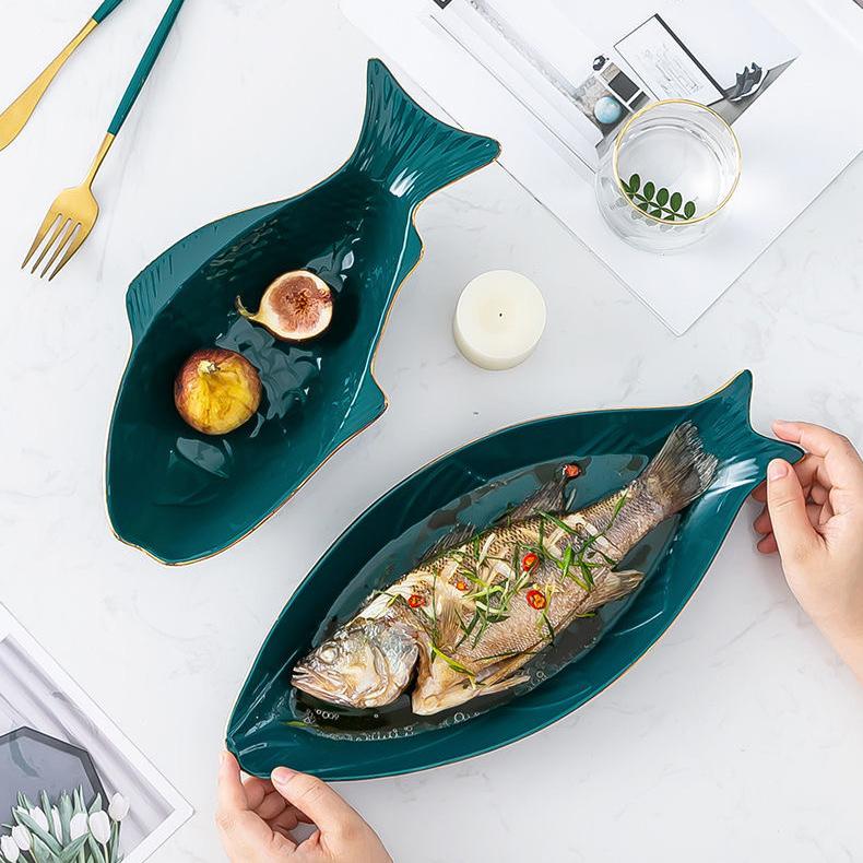 Dark Green Tableware Ceramic Fish Shape Plate Kitchen Tableware ...
