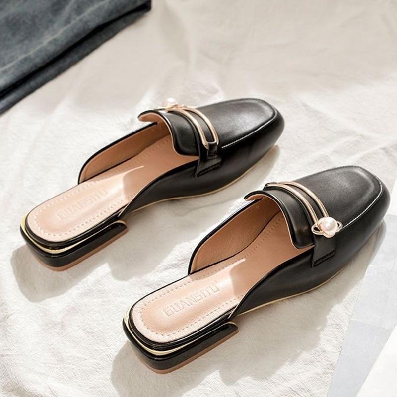 Kaufe Weiches Leder Baotou Half Slippers Damen Wild Half Toe Single ...